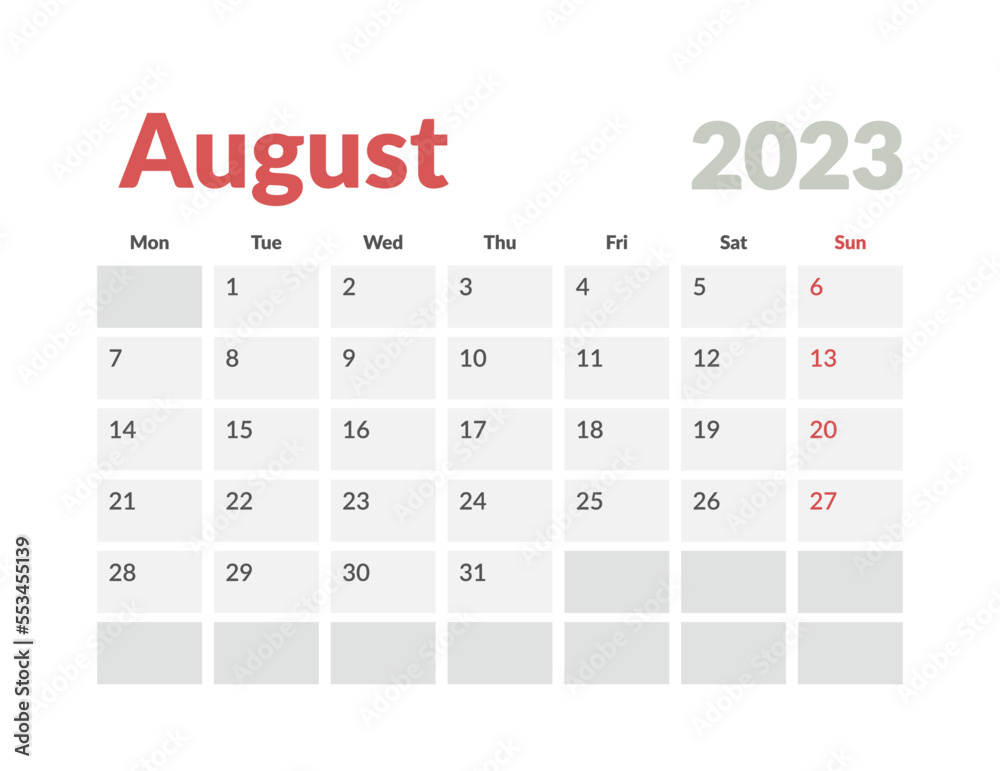 Monthly Calendar Template of august 2023. Vector layout simple calendar ...