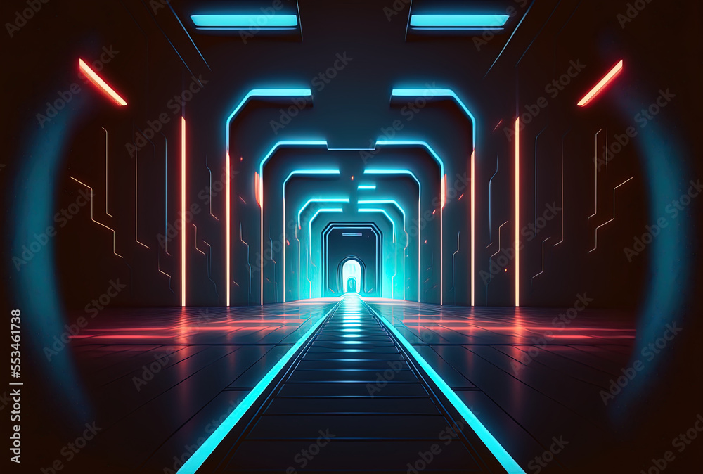 Tech concept artwork of an empty space with an endless pathway and blue ...
