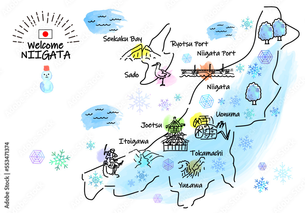 Vetor De 冬の新潟県の観光地のシンプル線画イラストマップ Do Stock Adobe Stock