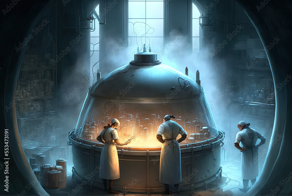 Laboratory workers using a big vat. Generative AI Stock Illustration ...