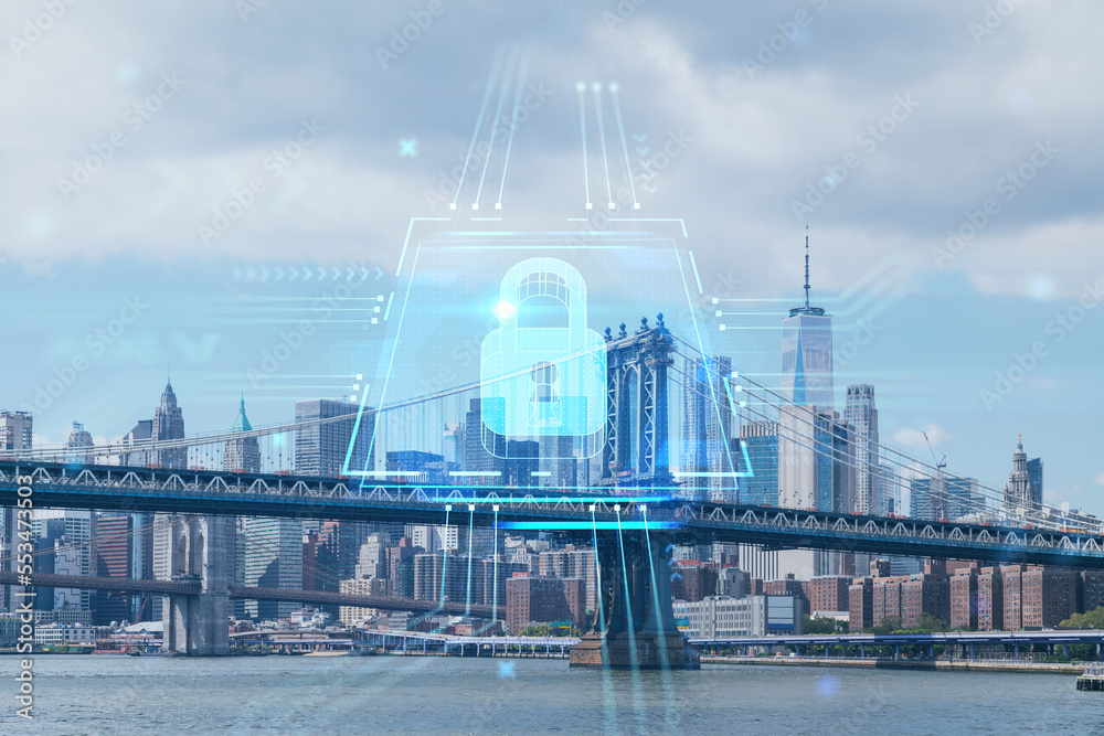 Brooklyn and Manhattan bridges with New York City financial downtown ...