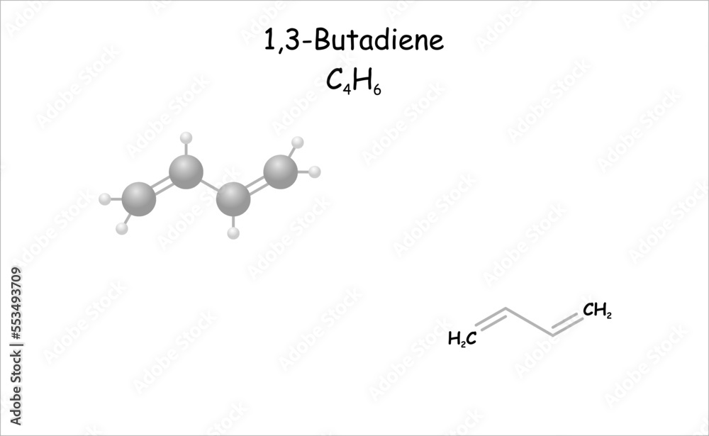 Stylized 2D molecule model/structural formula of 1,3-Butadiene. Stock ...
