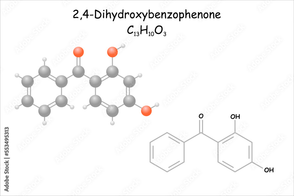 Stylized 2D molecule model/structural formula of 2,4-Dihydroxybenzophenone. Stock Vector | Adobe ...