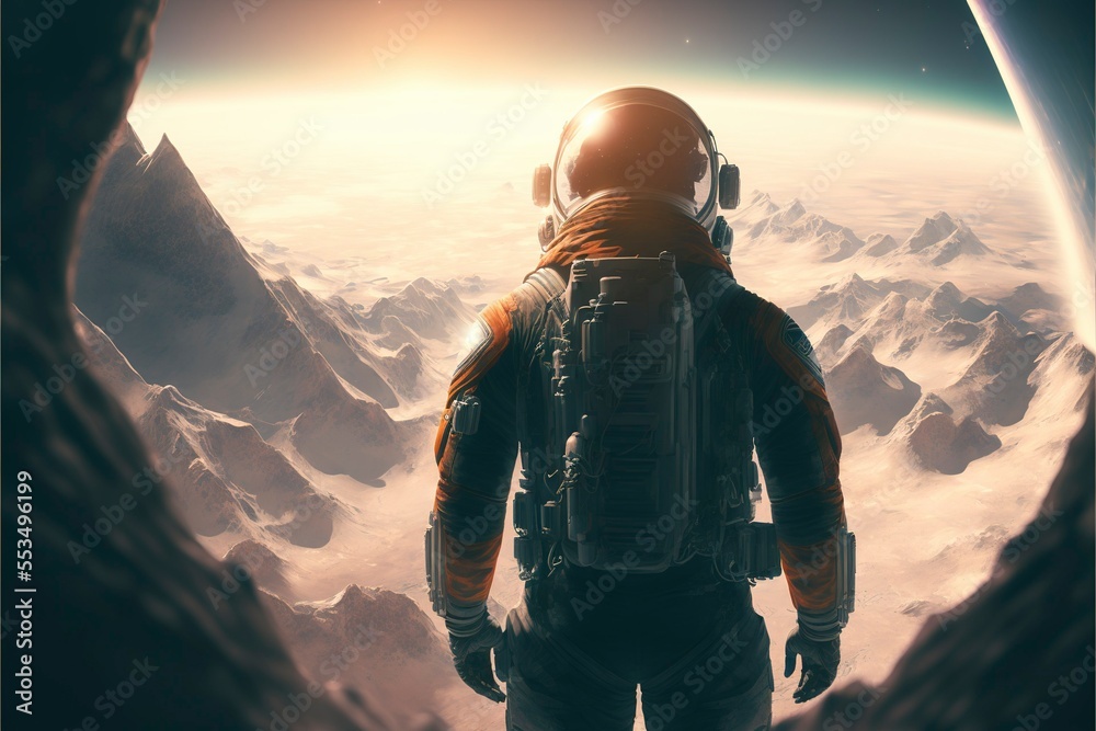 Spaceman in unreal landscape, space, AI art Stock Illustration | Adobe ...
