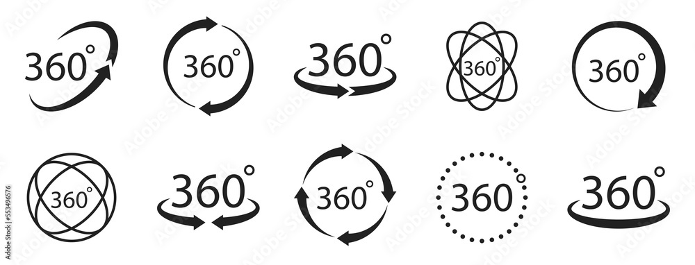 360 icon set. 360 degrees view. Vector EPS 10 Stock Illustration ...