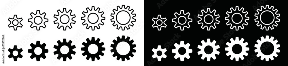 Gear icon set. Black gear wheel icon vector. Cogwheel sign for apps and ...