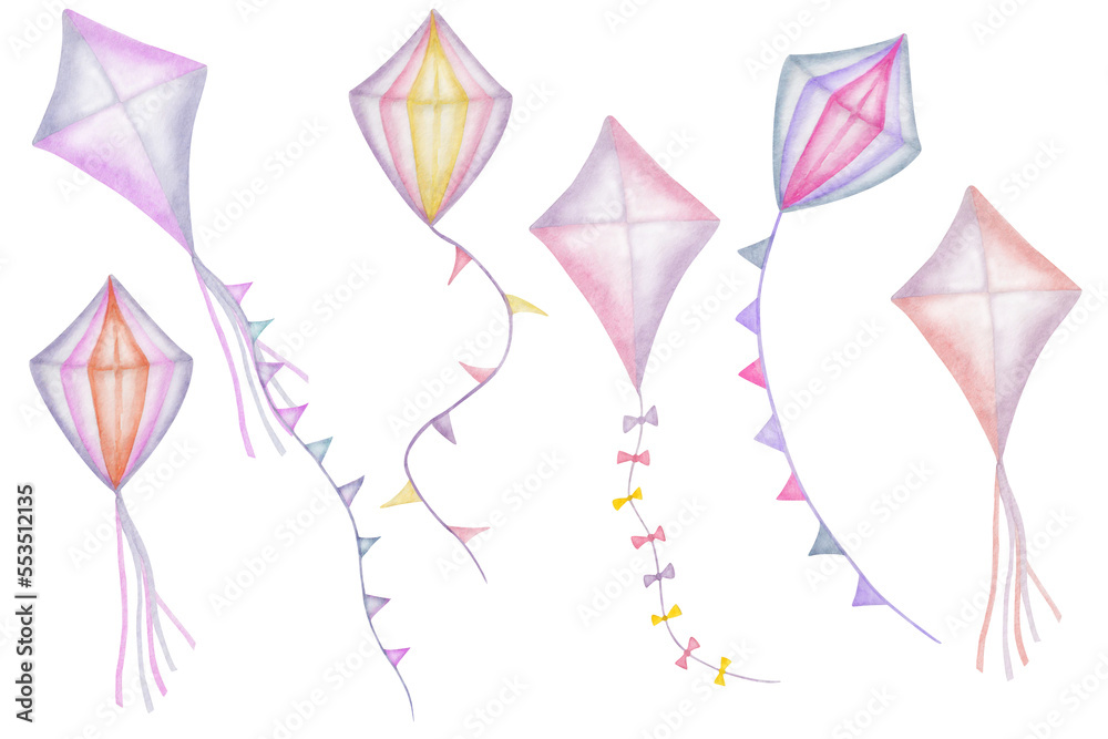 Watercolor illustration. Hand painted kites in purple, blue, pink ...