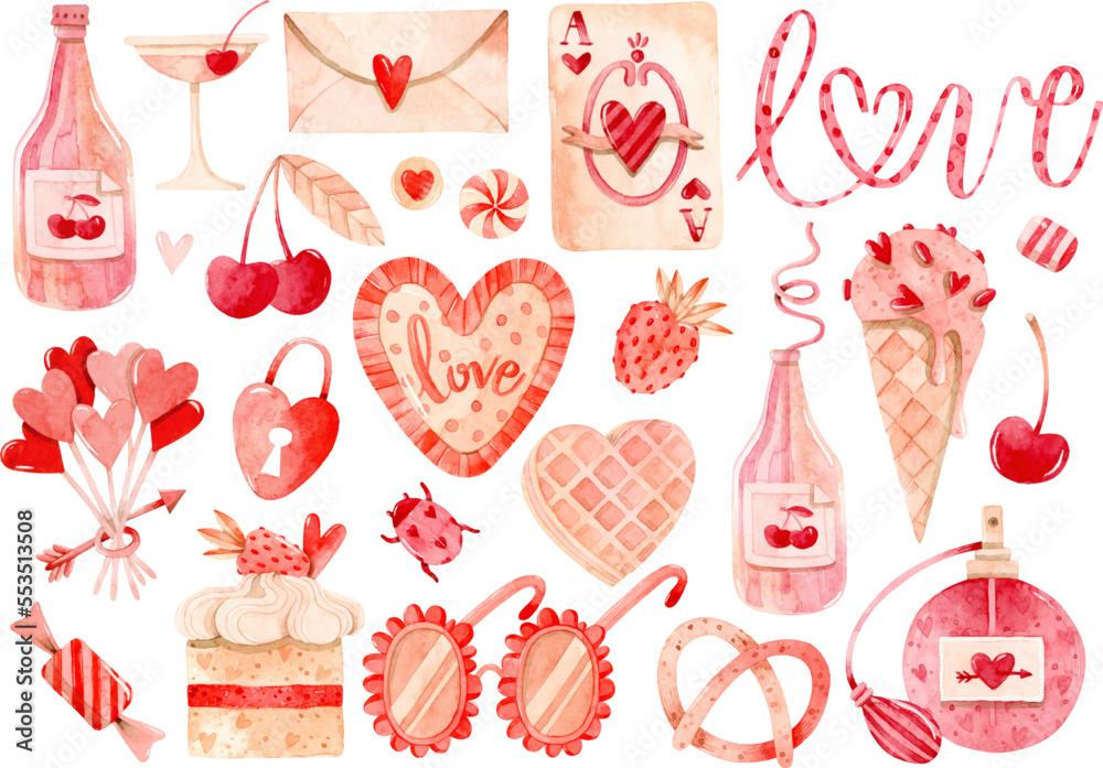 Valentine's day retro pink watercolor isolated clipart set Stock Vector ...