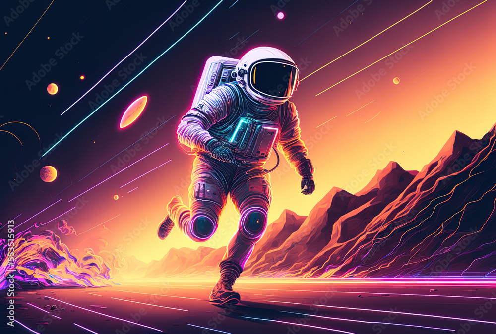 Illustration of an astronaut running against a retro 80s synthwave ...