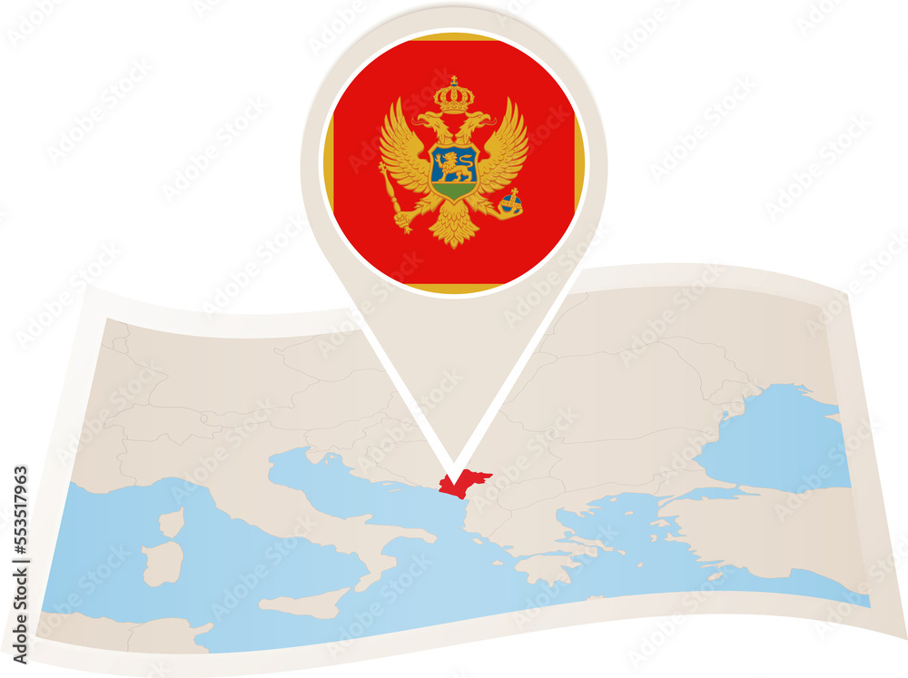 Folded paper map of Montenegro with flag pin of Montenegro. Stock ...