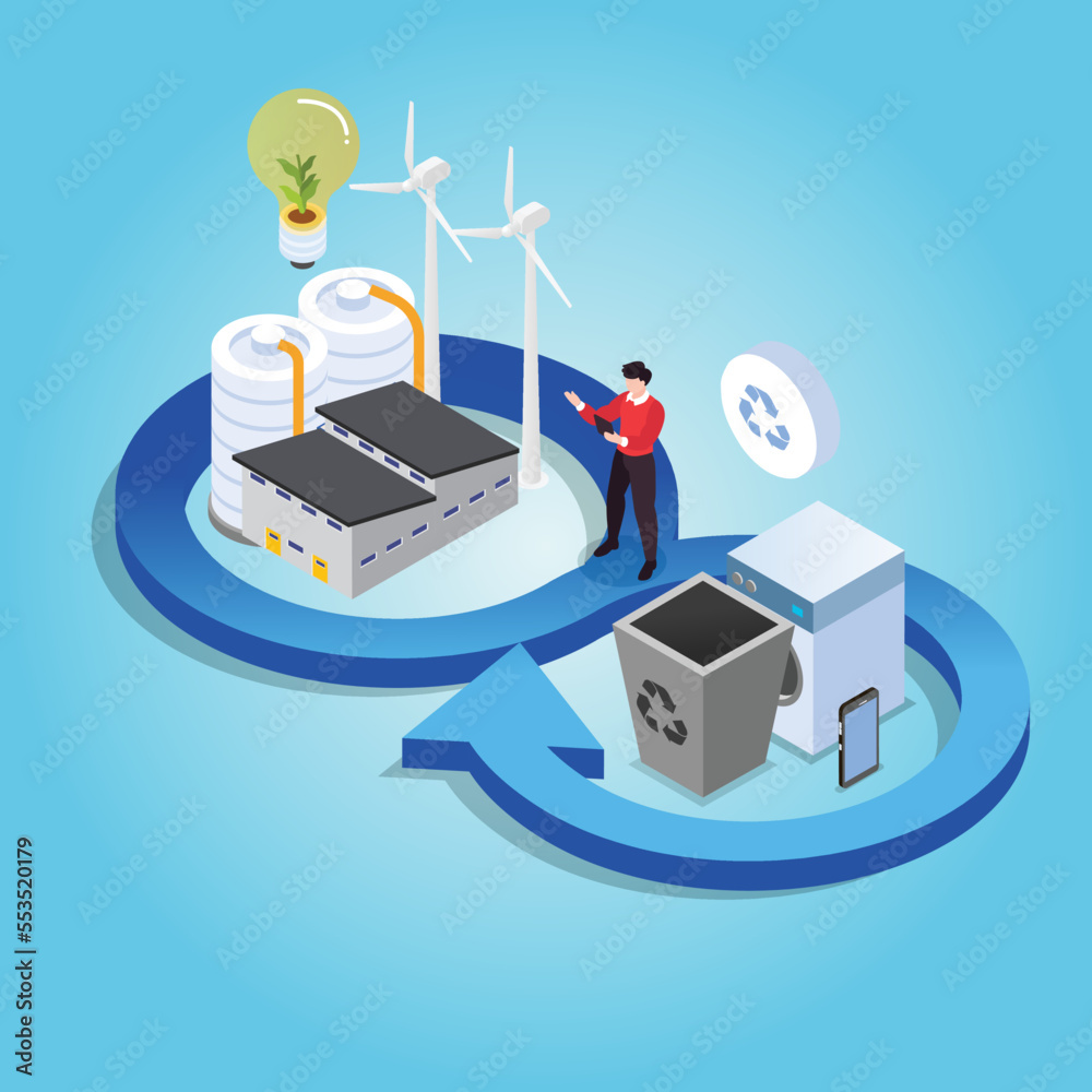 Circular economy manufacturing cycle, sustainable strategy isometric 3d ...