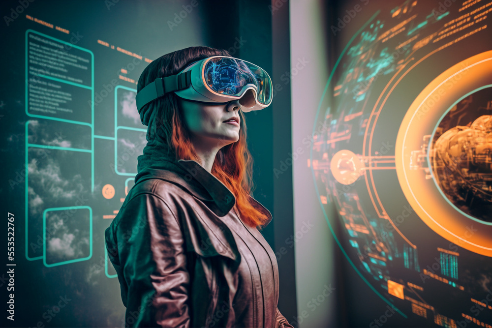 Generative AI female character using 3d goggles, exploring immersive ...