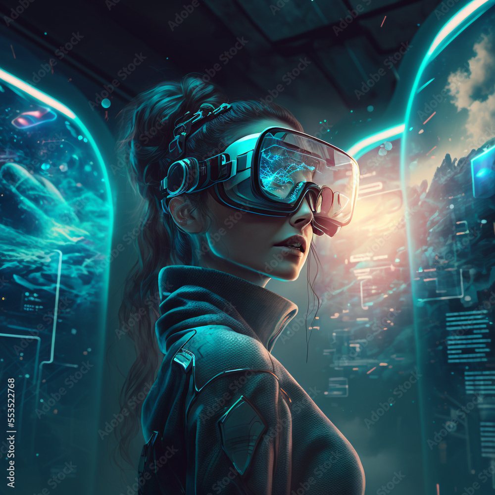 Generative AI female character using 3d goggles, exploring immersive ...