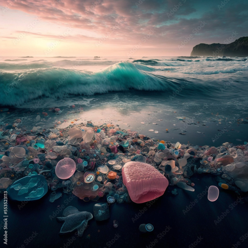 Generative AI plastic pollution on the beach. Climate change ...