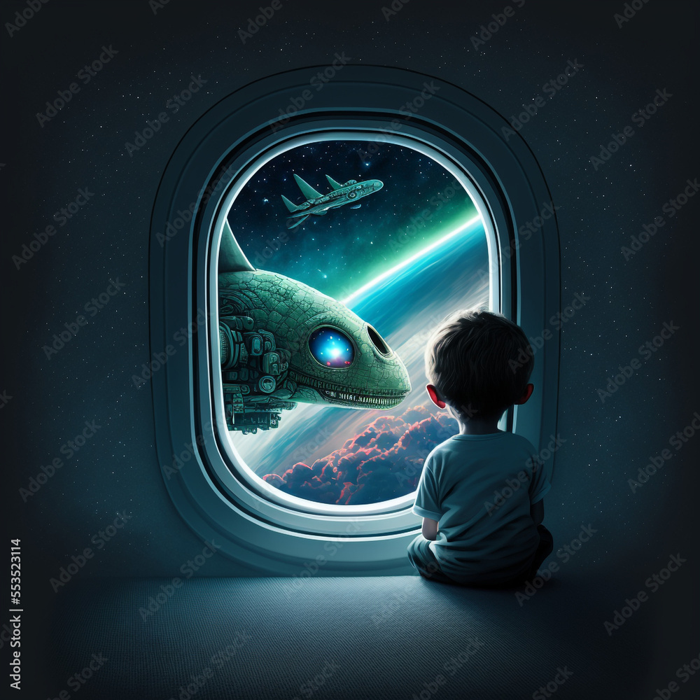 Generative AI child looking space from spaceship porthole. Stock ...