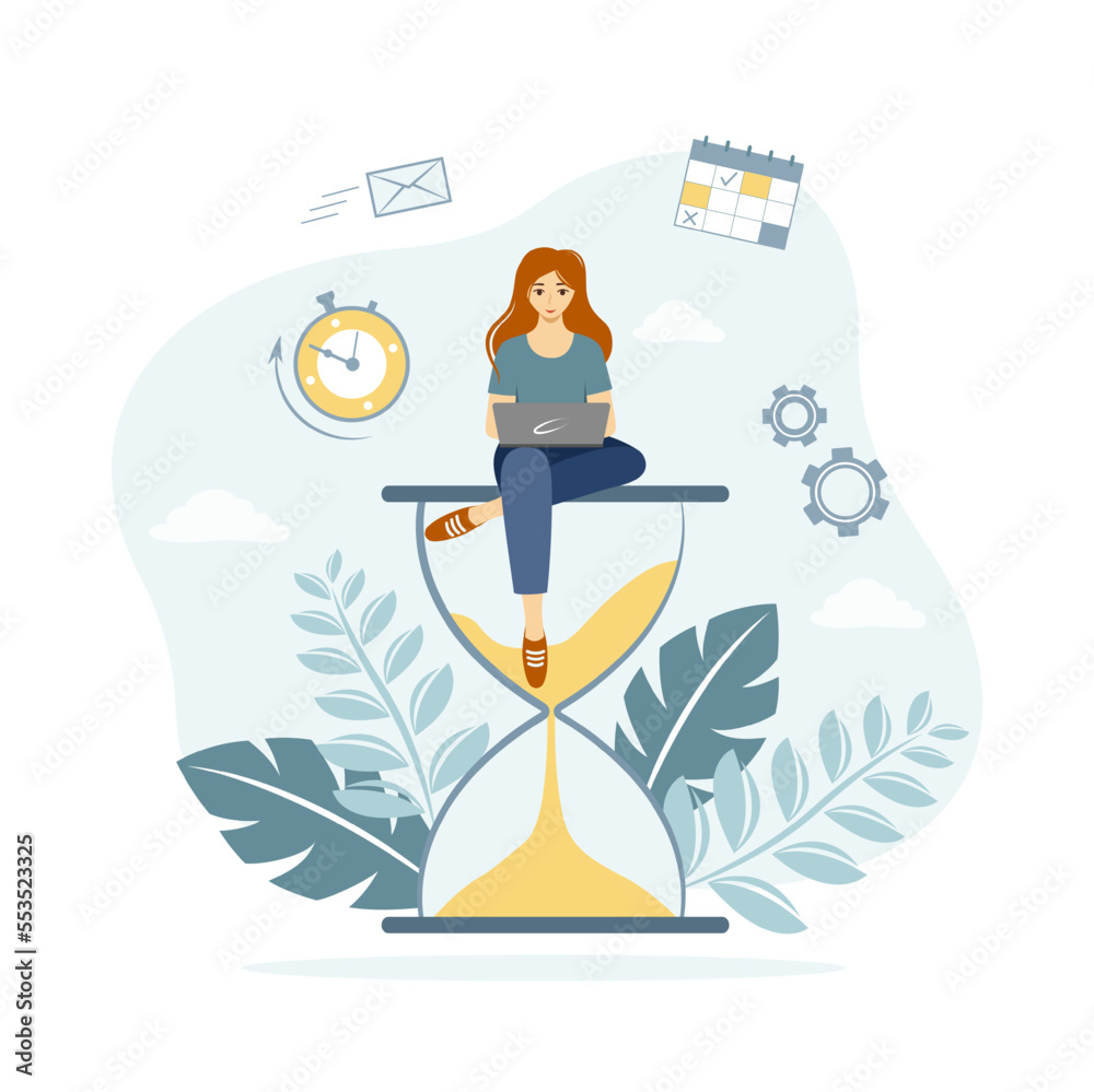 Time management vector illustration. The girl sitting on the hourglass ...