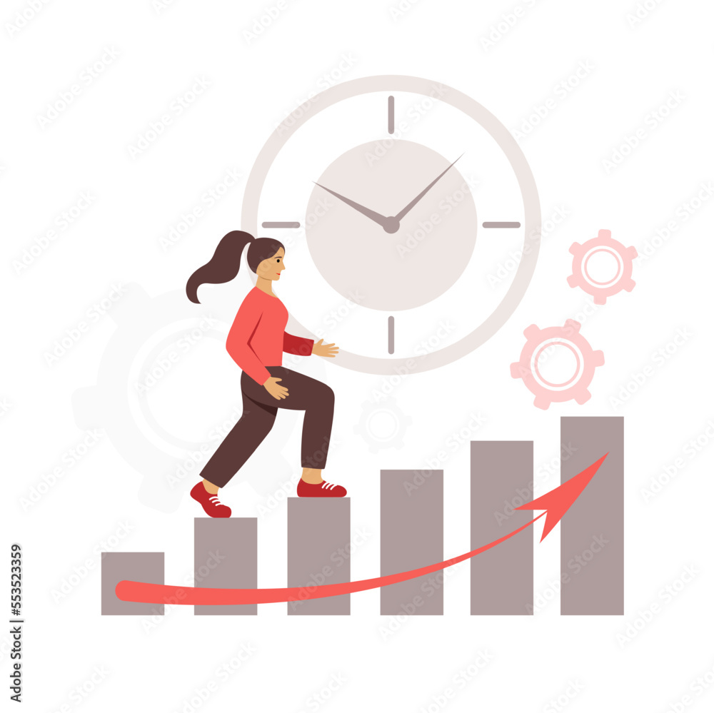 Time management vector illustration. The girl goes up the schedule ...