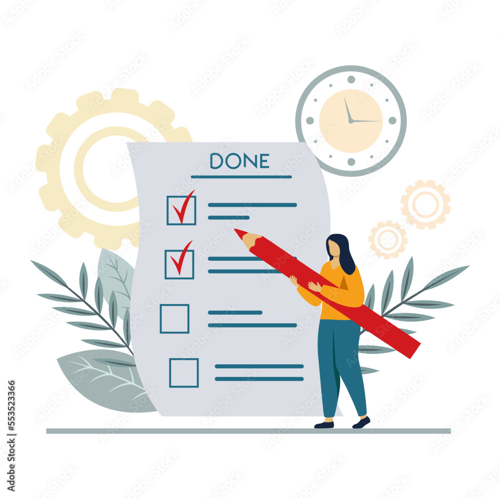 Time management vector illustration. Girl with a pencil near the list ...