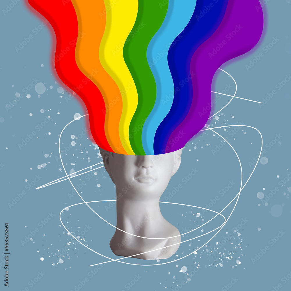 Antique female statue's head with a rainbow flow from the head on blue ...