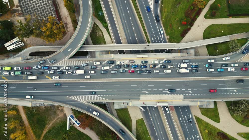 Aerial shot of elevated road junction. Drone footage of top view of ...