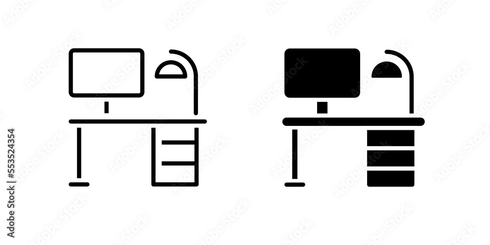 Office workspace desk icon. Computer table with folders line and glyph ...