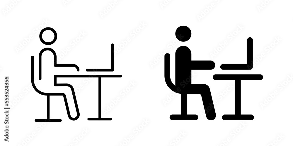 Office workspace desk icon. Computer table with folders line and glyph ...