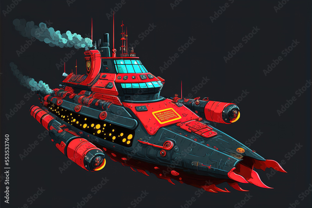 battleship cartoon illustration in red and black, generative ai ...