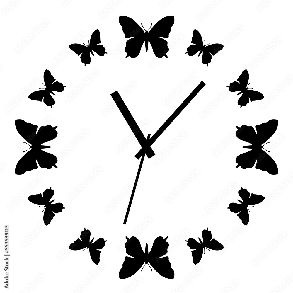 Wall clock with black butterflies, time flies concept, illustration ...
