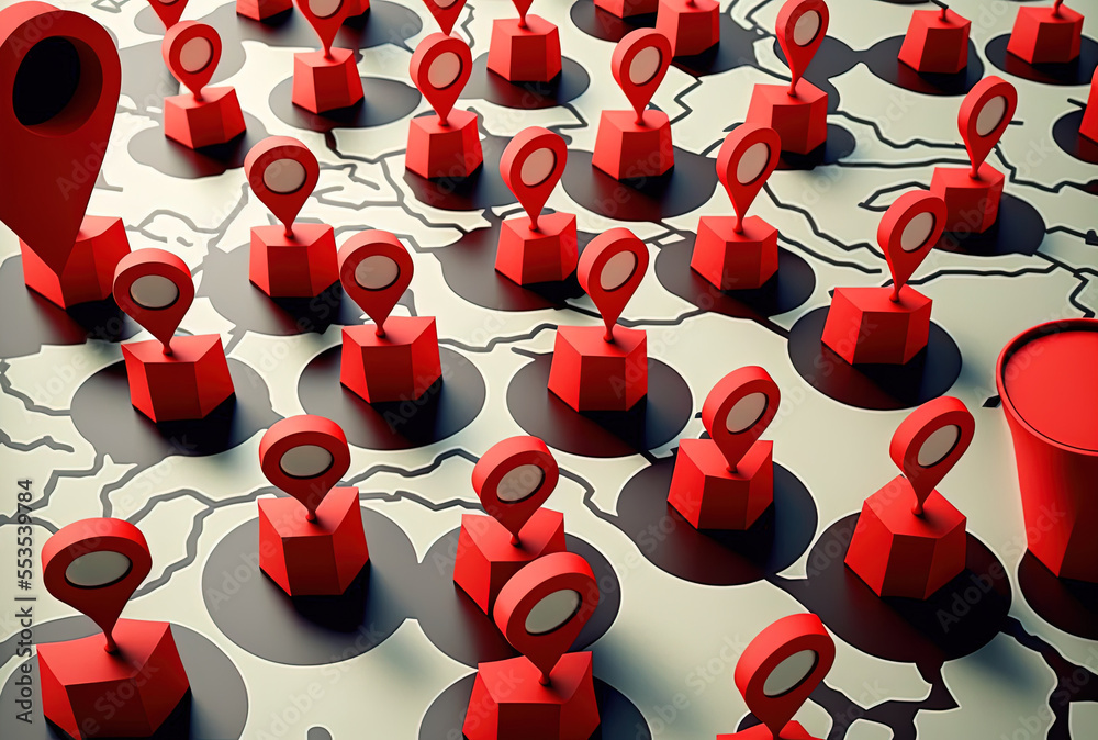 red location markers appear on maps. Generative AI Stock Illustration ...