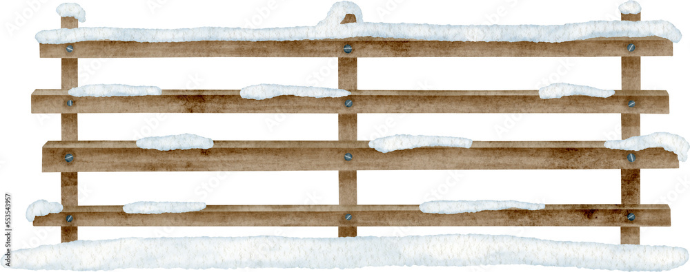 Watercolor snowy wooden fence. Hand drawn winter country house palisade ...