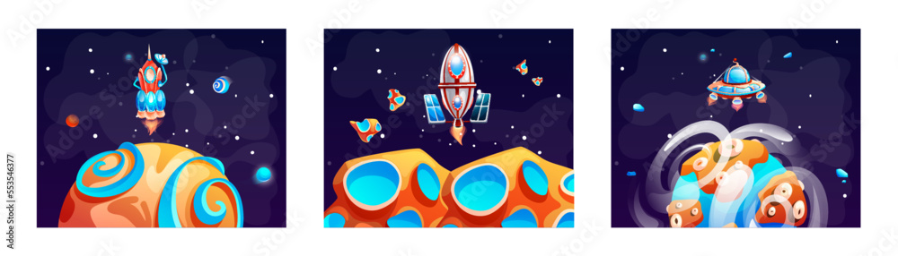 Space planet landscape set, cosmic game background with spaceship ...