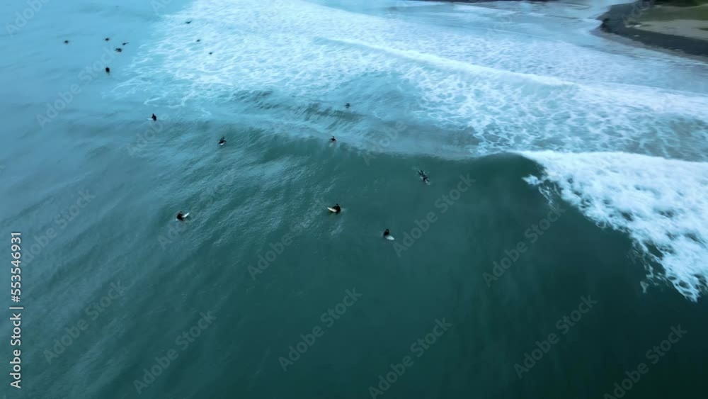 Aerial fly over a blue ocean with groups of surfers paddling the riding ...