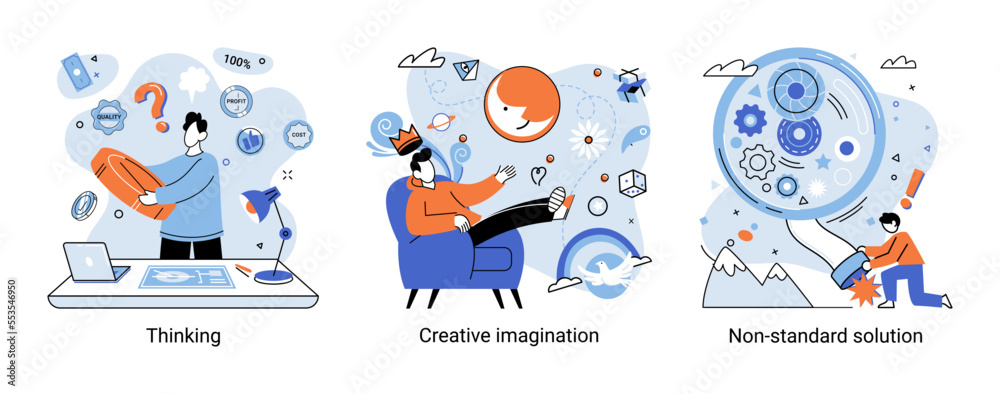 Creative thinking. People with different mental mindset types or model ...