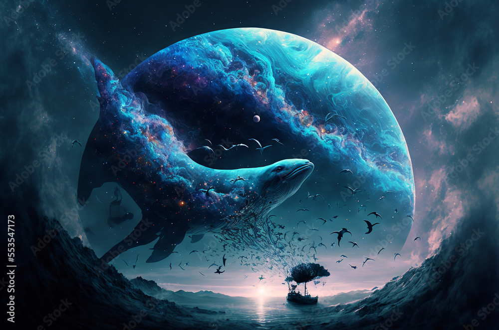 Whale in the sky, Abstract night fantasy landscape with an planet ,an ...