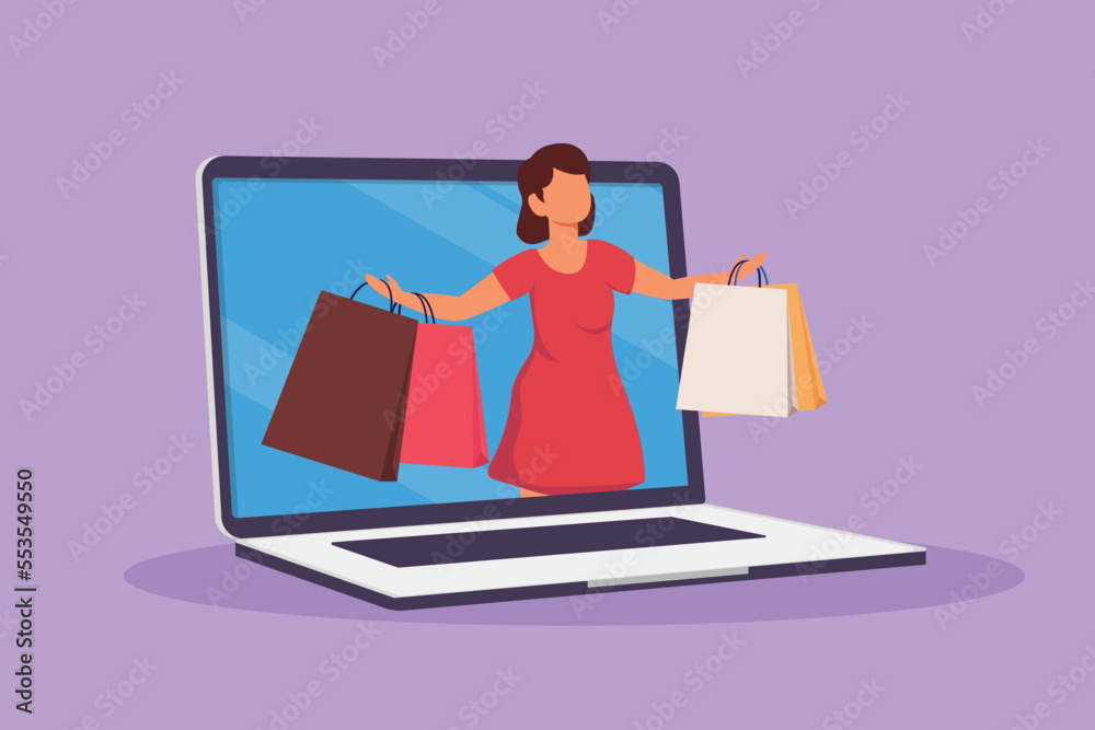 Character flat drawing beauty woman coming out of laptop computer ...