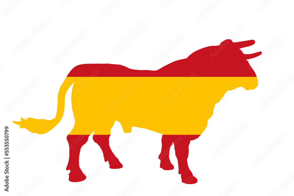Spanish flag over bull vector silhouette illustration isolated on ...