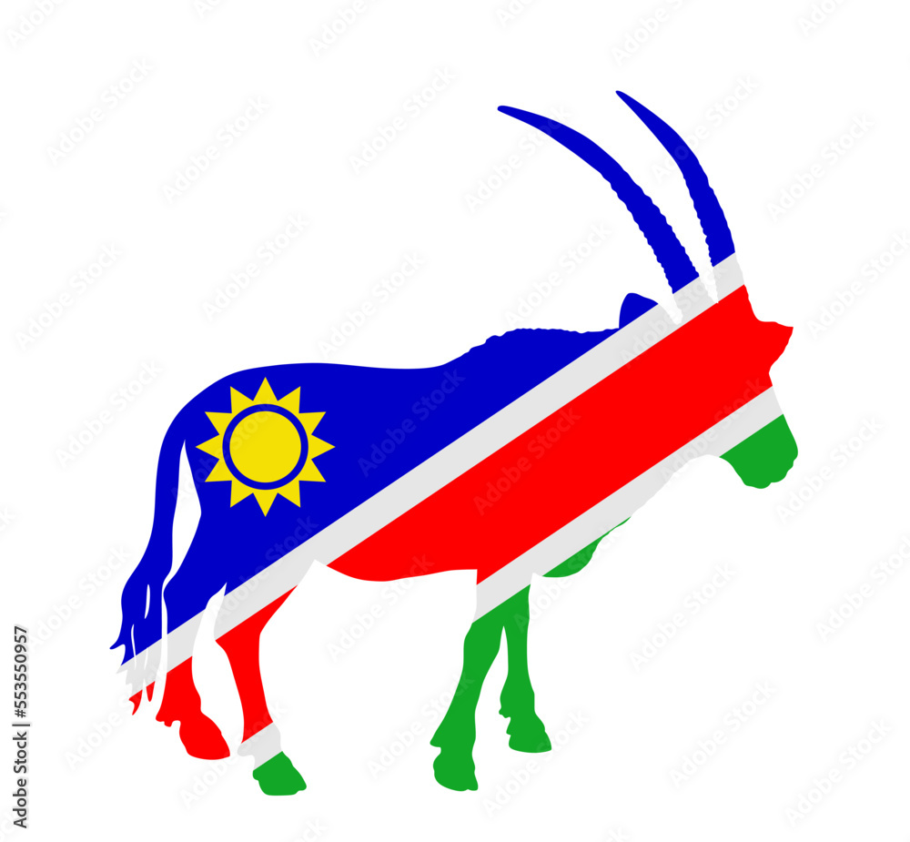 Namibia flag over Oryx antelope national animal vector silhouette ...