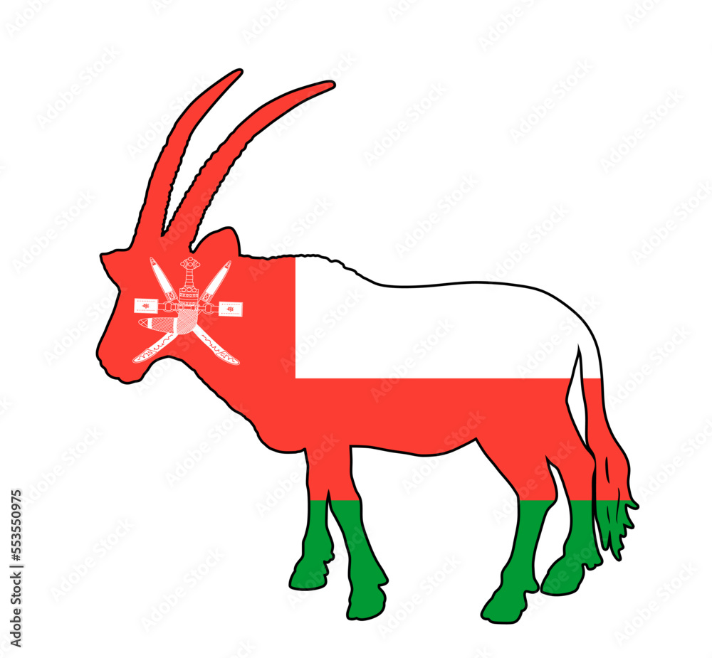 Oman vector flag over Oryx gazelle national animal symbol silhouette ...