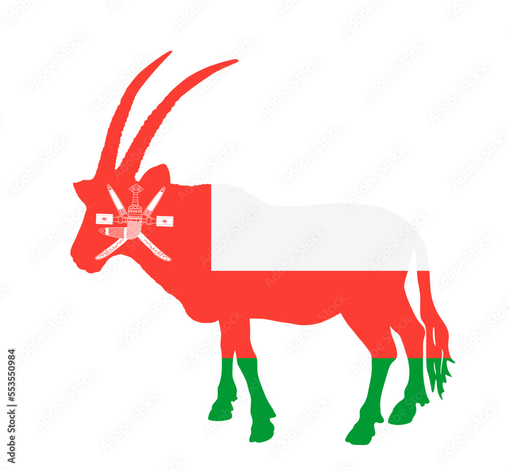 Oman vector flag over Oryx gazelle national animal symbol silhouette ...