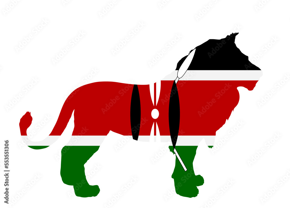 Kenya flag over lion animal vector silhouette illustration isolated on ...
