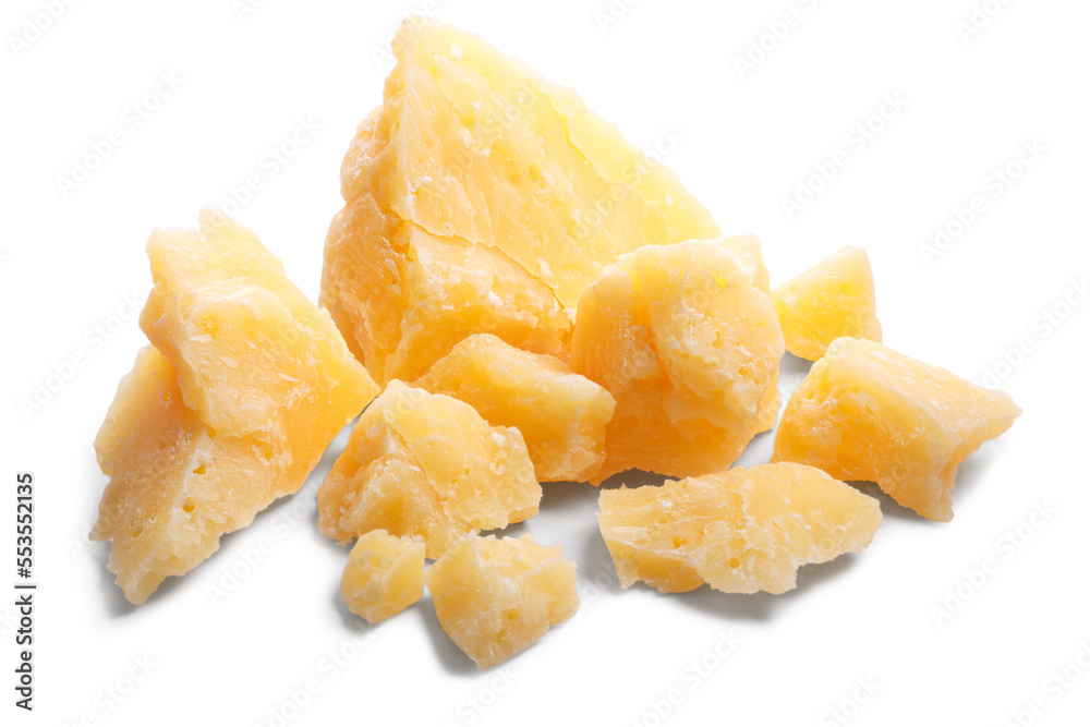 Pile of hard grainy mature cheese (Parmesan, Parmigiano), rough pieces ...