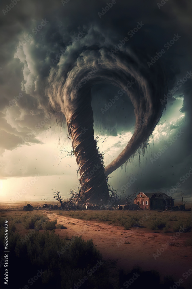 Tornado. Digital art. Massive tornado, cyclone on land with huge clouds ...