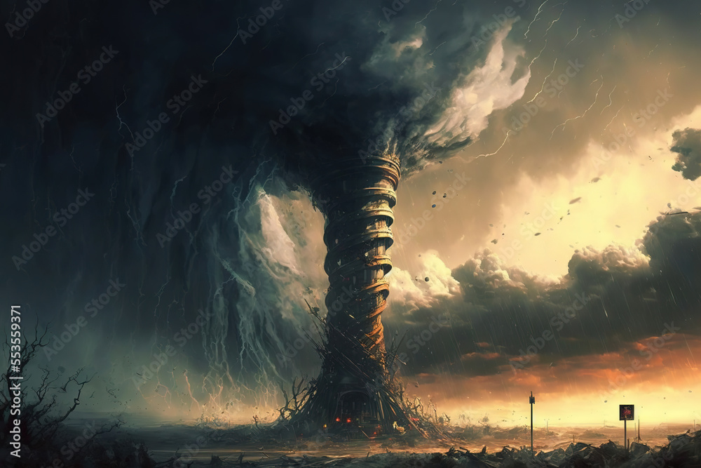 Tornado. Digital art. Massive tornado, cyclone on land with huge clouds ...