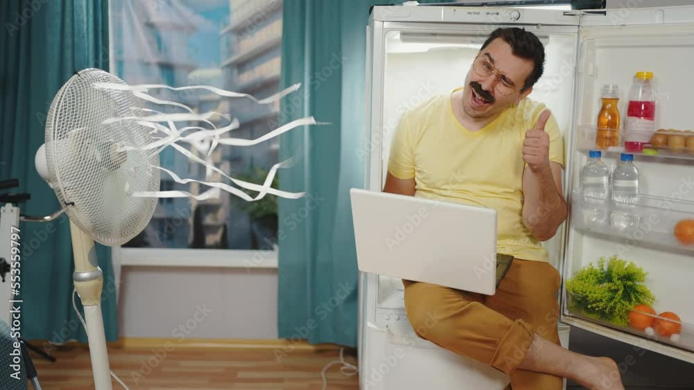 problem of hot weather , an expressive funny male freak with a mustache ...