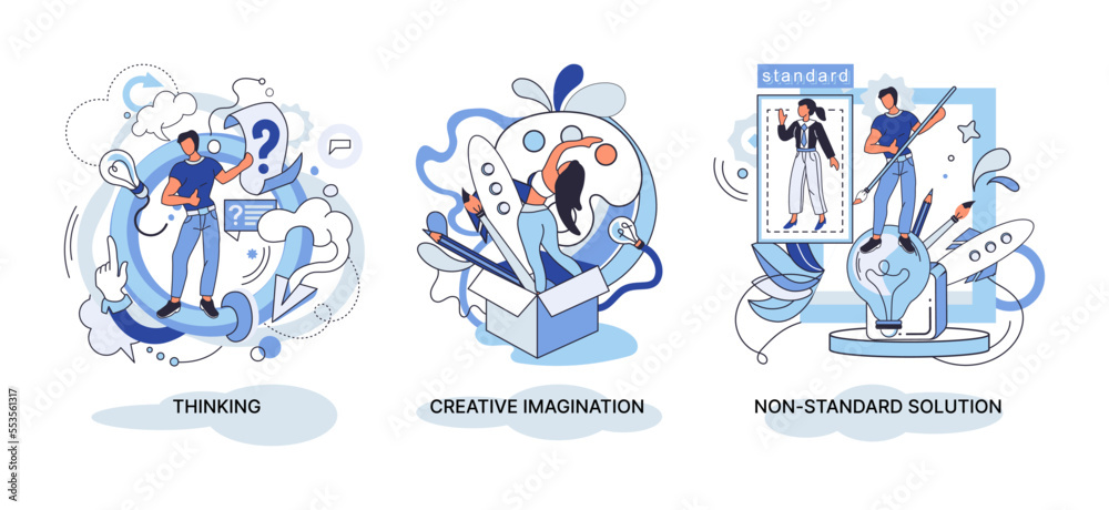 Creative thinking. People with different mental mindset types or model ...