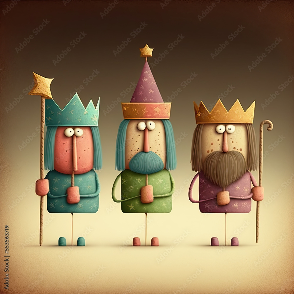 Cute illustration of isolated three kings men figures with long hair ...