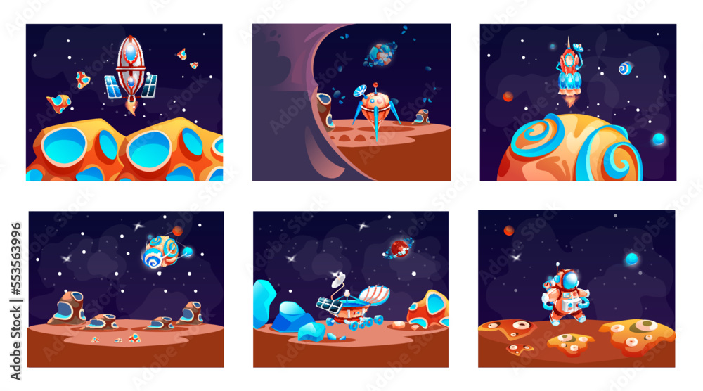 Space planet landscape set, cosmic game background with spaceship ...