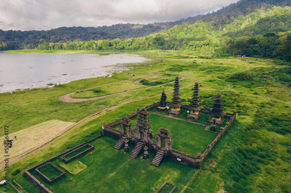 Aerial view of Pura Ulun Danu Tamblingan, Balinese Hindu Temple on Lake ...