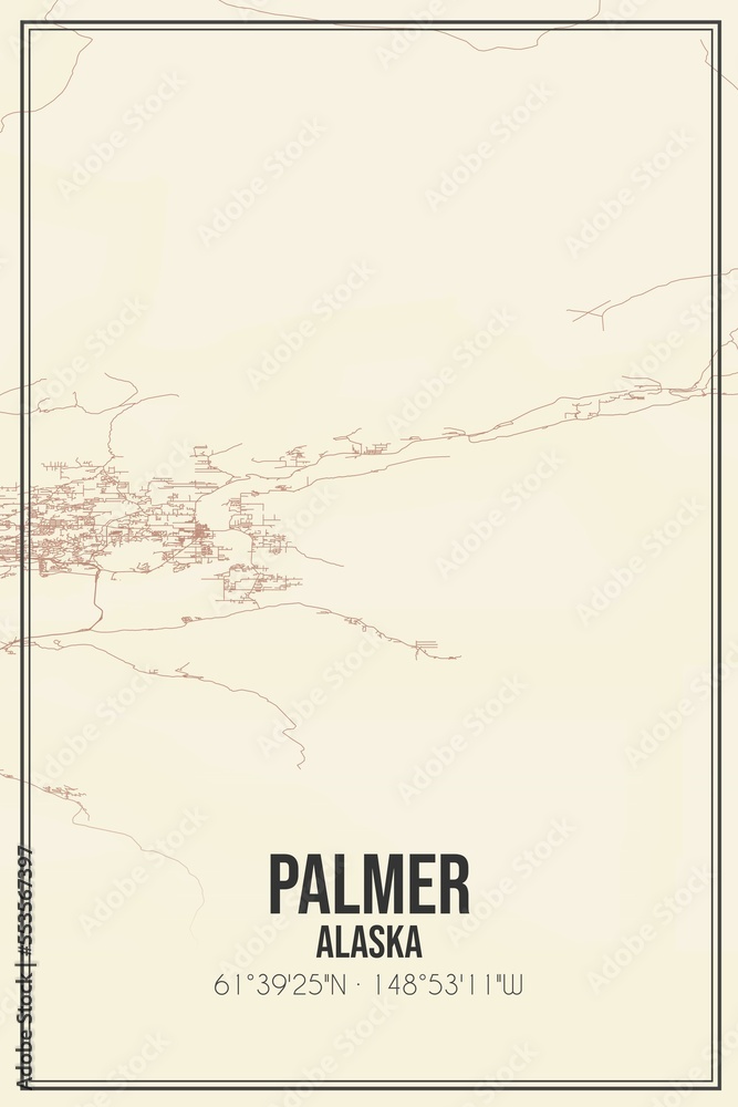 Poster Retro US city map of Palmer, Alaska. Vintage street map ...