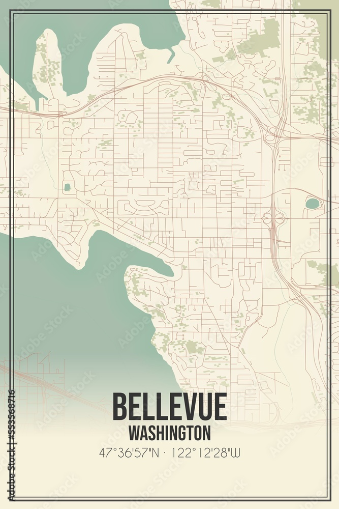 Retro US city map of Bellevue, Washington. Vintage street map. Stock ...